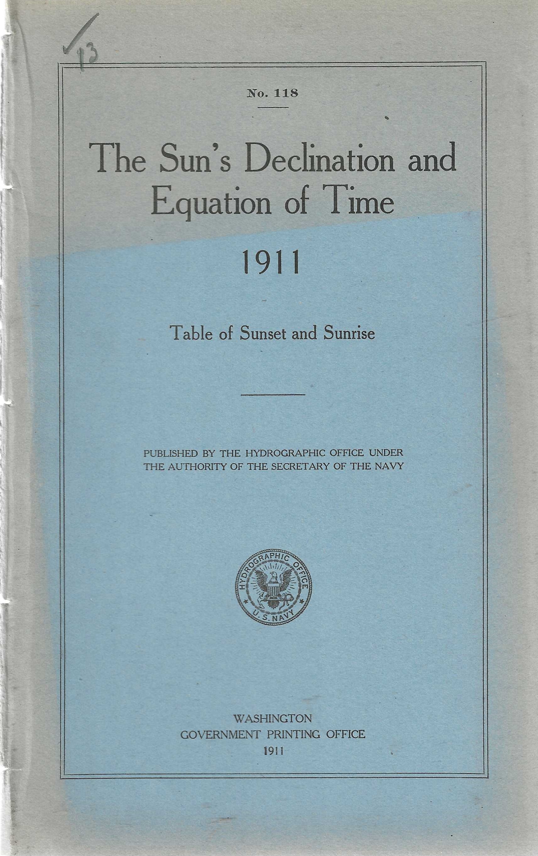 The Sun's Declination and Equation of Time 1911. Table of sunset and ...